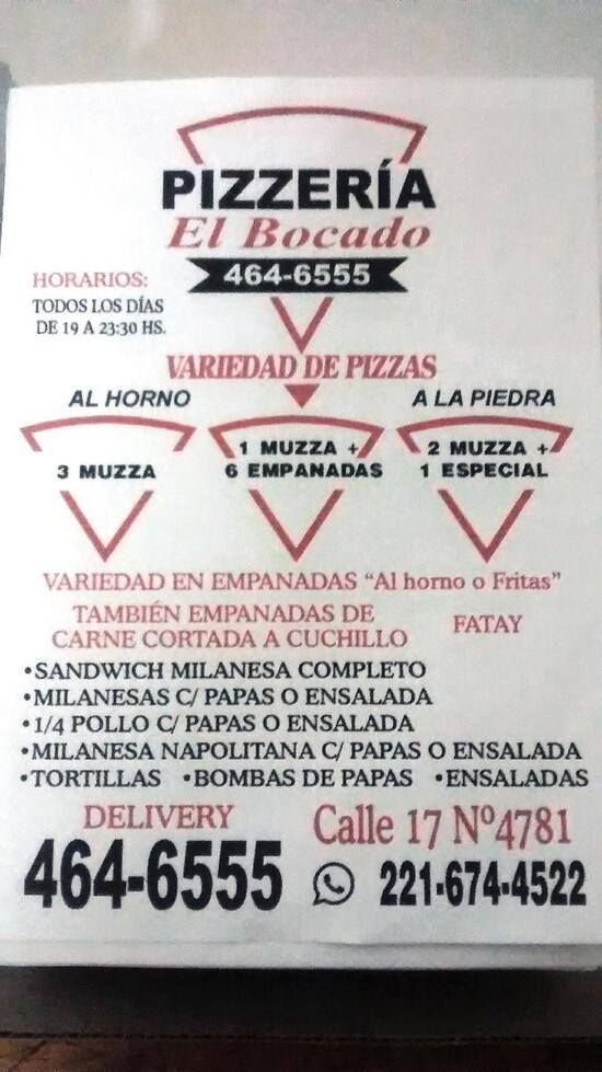 Menu at El Bocado Pizzas restaurant, Berisso