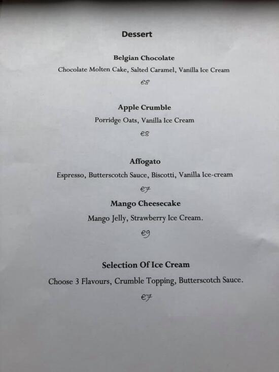 Menu at The Yew Tree Lecarrow restaurant, Ireland