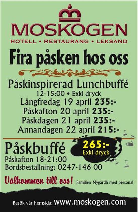 Menu at Hotel & Restaurang Moskogen restaurant, Leksand
