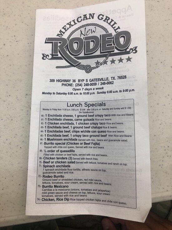 Menu at New Rodeo Mexican Grill restaurant, Gatesville, 309 Highway 36 ...