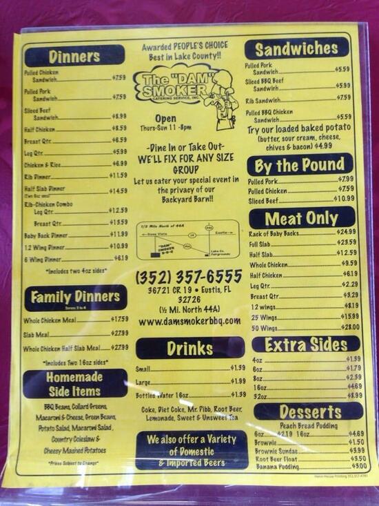 Menu at The Dam Smoker BBQ, Eustis