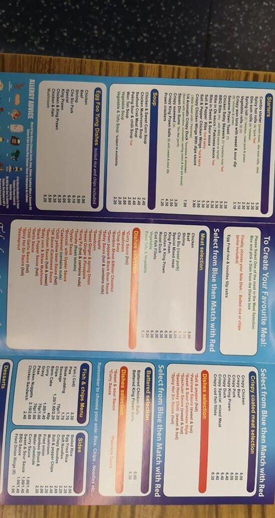 Menu at Mandarin Chinese fast food, Leigh