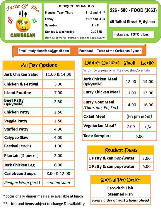 Taste of the Caribbean, 59 Talbot St E in Aylmer - Restaurant menu and ...