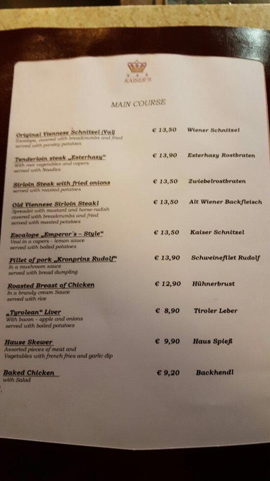 Menu at Restaurant Kaiser´s, Vienna