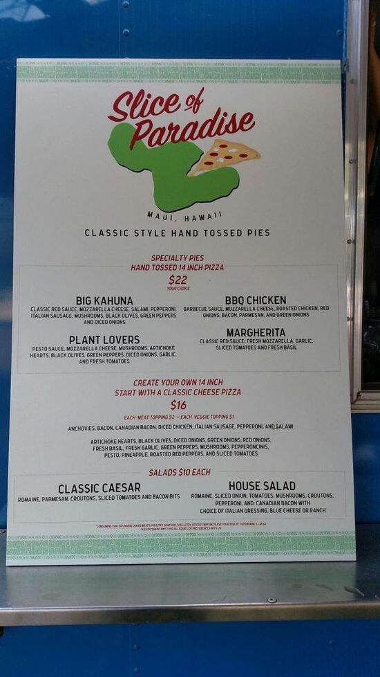 Menu at Slice of Paradise pizzeria, Hana