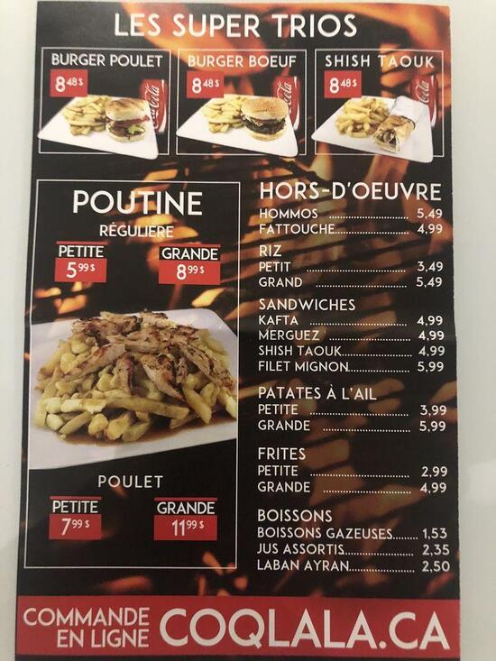 Menu at Coq Lala restaurant, Montréal