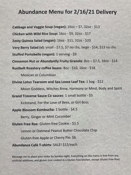 Menu at Abundance Cafe, Lansing