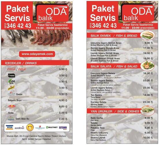 Menu at Oda Balık, Maslak