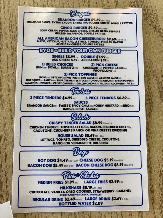 Menu at Brandon Burgers restaurant, Riverview