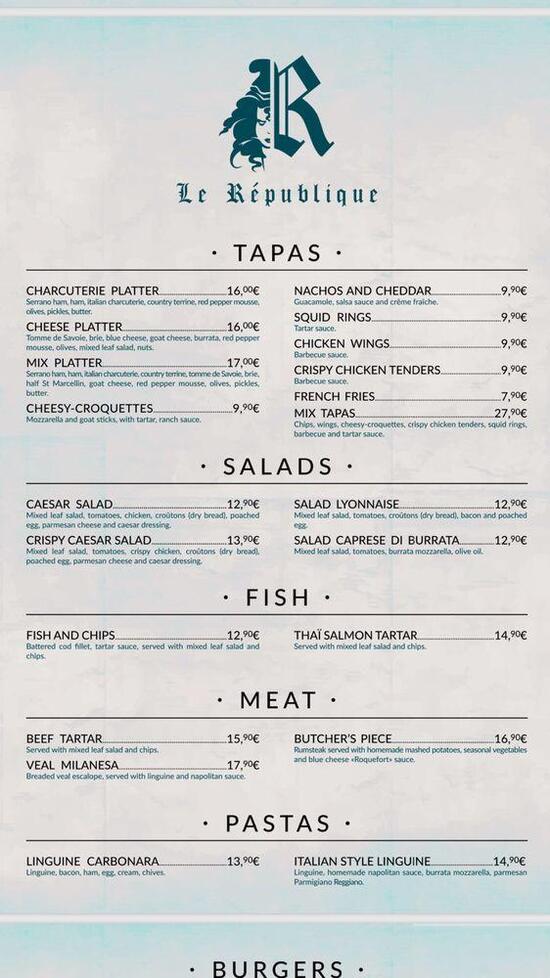 Menu at Brasserie Le République, Lyon