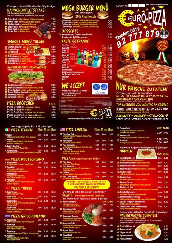 Menu at Euro Pizza, Wiesbaden