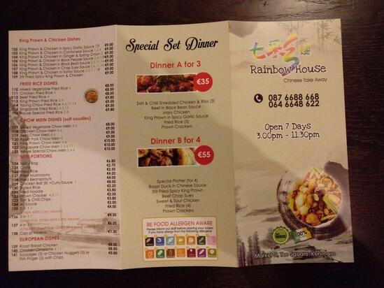 Menu at Rainbow House Chinese Take Away restaurant, Kenmare