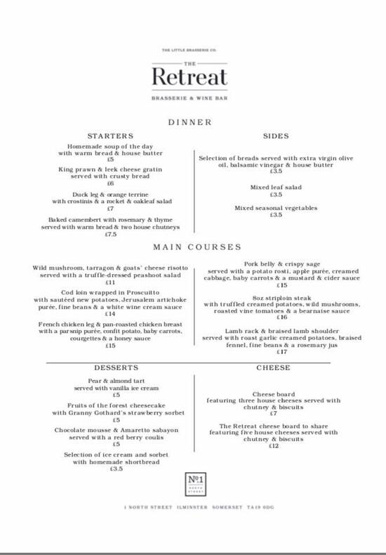 Menu at Conviva at The Retreat restaurant, Ilminster