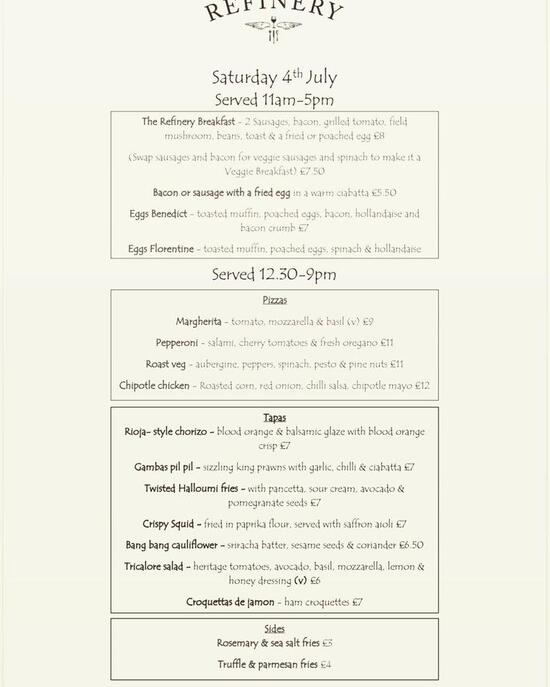 Menu at The Refinery West Bridgford restaurant, Nottingham