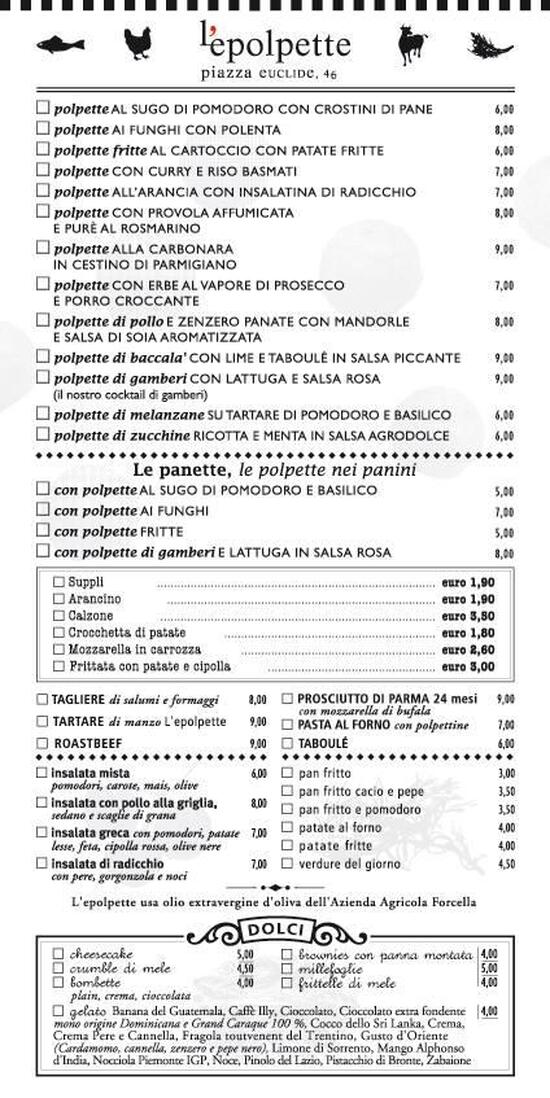 Menu at Le polpette restaurant, Rome