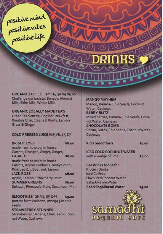 Menu at Samadhi Cafe, South Yunderup