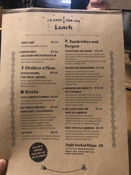 Menu at The Refectory kitchen restaurant, Canterbury