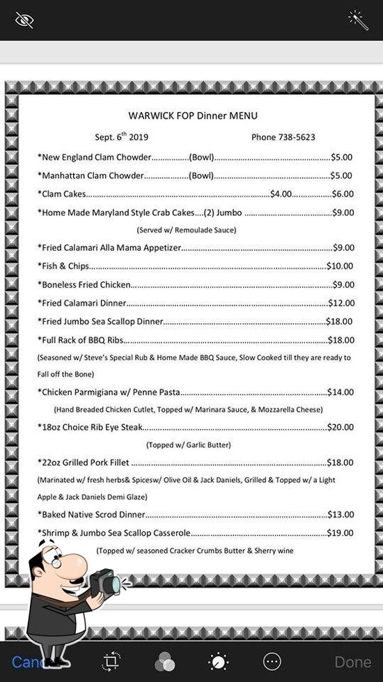 Menu at Blue Moon Catering restaurant, Warwick