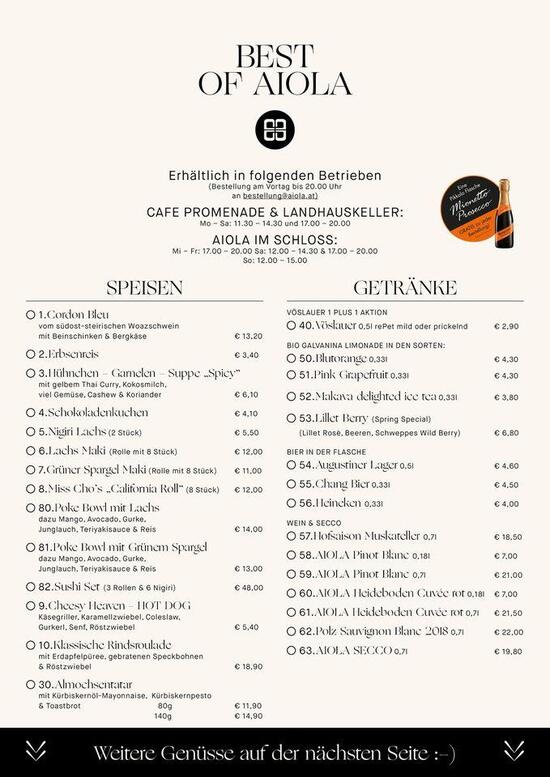 Speisekarte von Aiola im Schloss restaurant, Graz