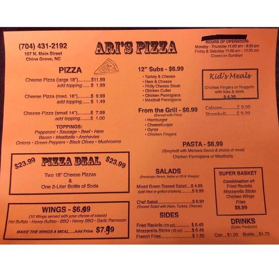 Menu at Ari's pizza pizzeria, China Grove