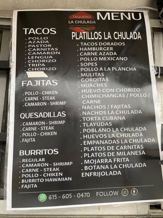 Menu at Taqueria La Chulada restaurant, Nashville