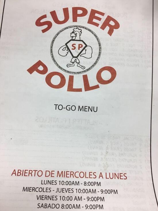 Menu at Super Pollo restaurant, Fort Worth