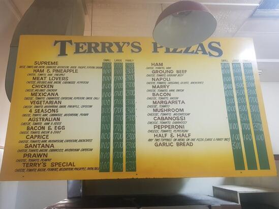 Menu at Terry's Pizza pizzeria, Gunnedah
