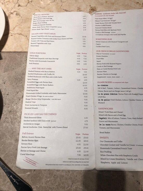 Carta del pub y bar Los Torreznos Lopez del Hoyos, Madrid, Calle López ...
