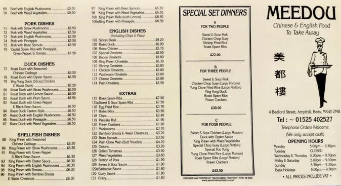 Menu at Meedou Ampthill Take Away fast food, Stewartby