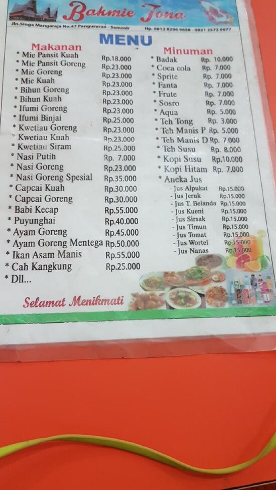 Menu at Tona restoran restaurant, Pangururan