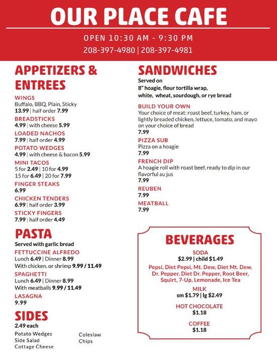 Menu at Our Place Cafe, Aberdeen