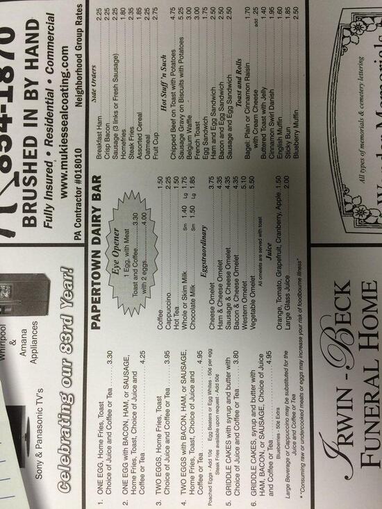 Menu at Papertown Dairy Bar & Restaurant, Spring Grove