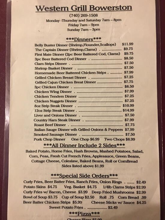 Menu at Western Grill restaurant, Bowerston