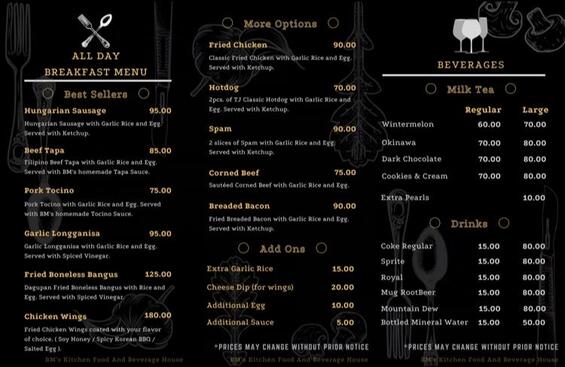 Menu at BM's Kitchen restaurant, Bacoor