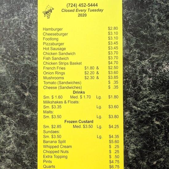 Menu at Young’s Custard Stand, Zelienople, Hartzell School Rd