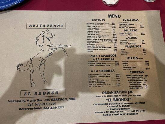 Menu at El Bronco pub & bar, Ciudad Obregón