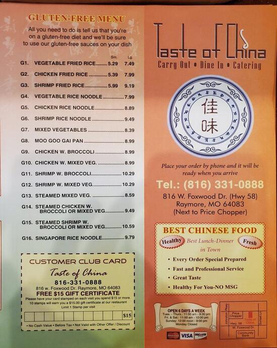 Menu at Taste of China restaurant, Raymore