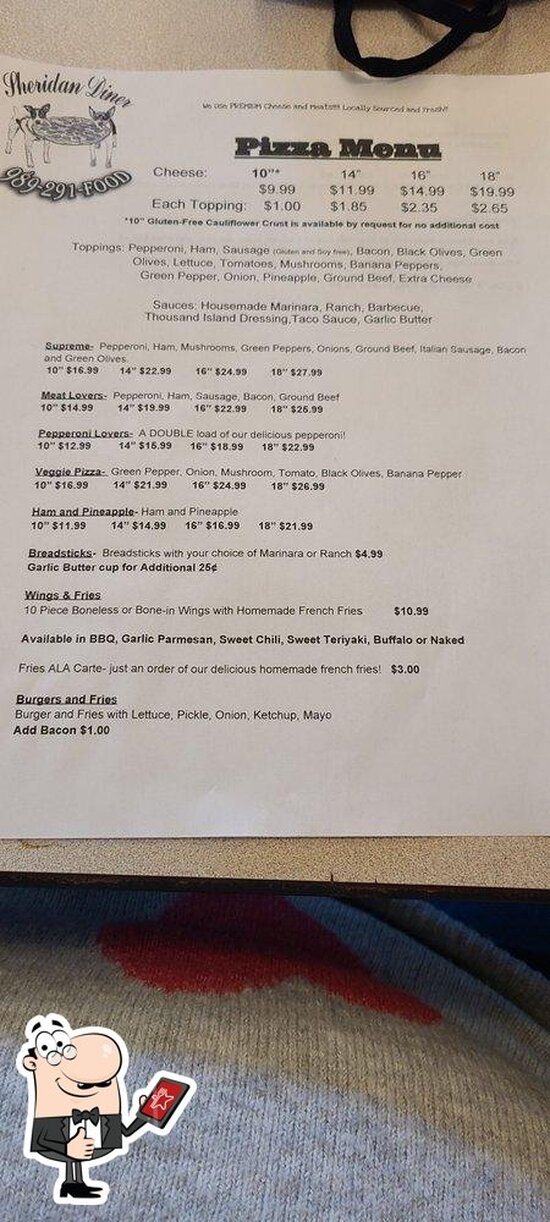 Menu at Sheridan Diner pizzeria, Sheridan