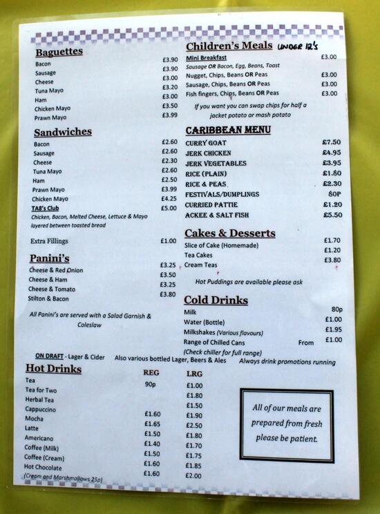 Menu at TA8's Bistro Bar, Burnham-on-Sea