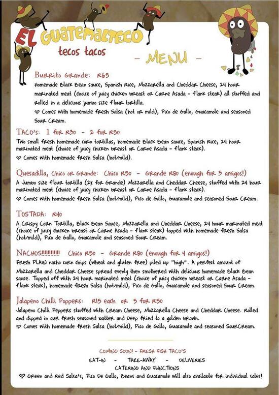 Menu at El Guatemalteco aka Teco's Taco's restaurant, Cape Town