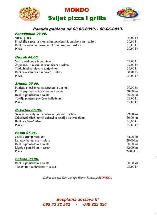Menu at Mondo restaurant, Zabok