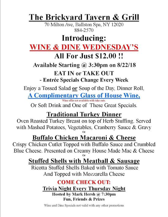 Menu at Brickyard Tavern pub & bar, Ballston Spa