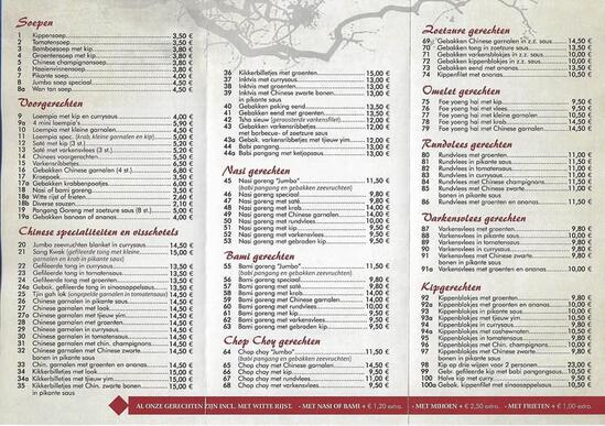 Menu at Jumbo, Geel