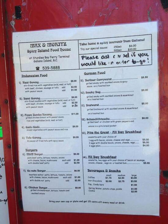 Menu at Max & Moritz restaurant, Galiano Island