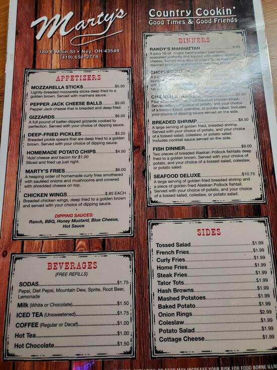Menu at Marty's restaurant, Ney