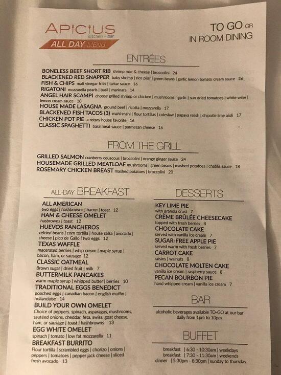Menu at Apicius Open Kitchen restaurant, Houston