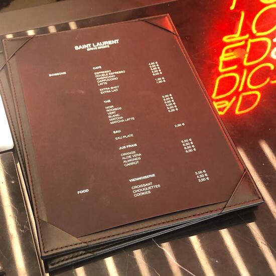 Menu at YSL Cafe, Paris