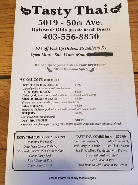 Menu at Tasty Thai restaurant, Olds, 50 Ave