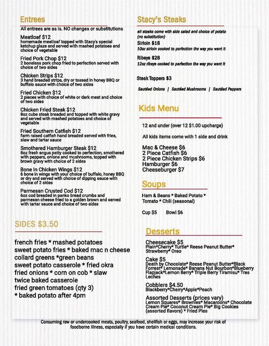 Menu at Stacy's Place restaurant, Guthrie, 113 W Harrison