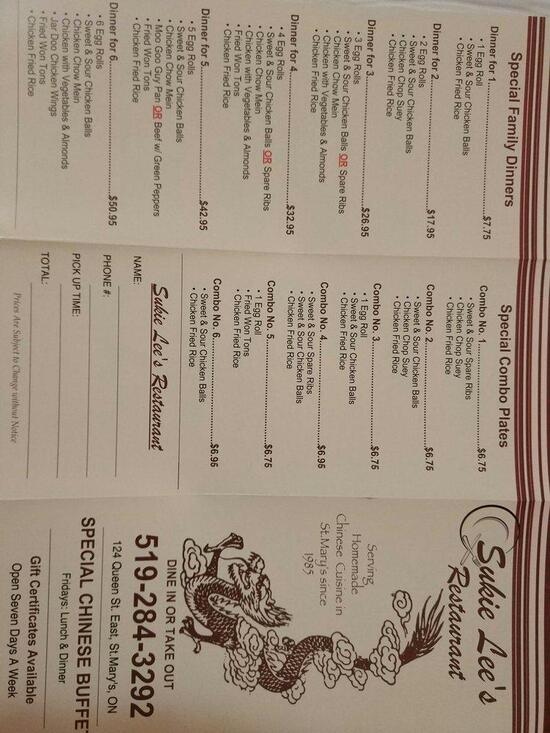 Menu at Sukie Lee's Restaurant, Saint Marys